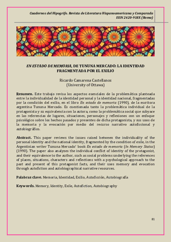(PDF) EN ESTADO DE MEMORIA, DE TUNUNA MERCADO: LA IDENTIDAD FRAGMENTADA ...