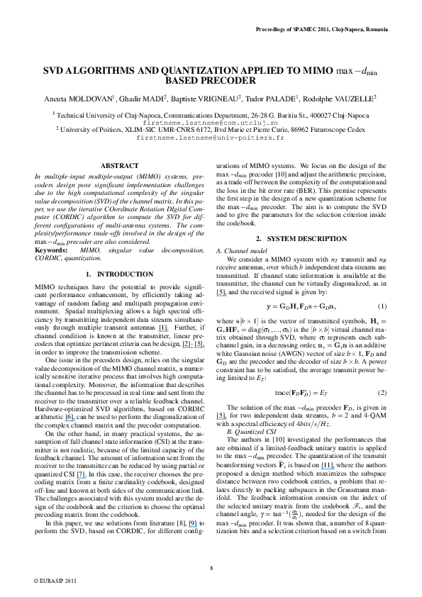 (PDF) SVD Algorithms and Quantization Applied to MIMO Max/Min Based Precoder
