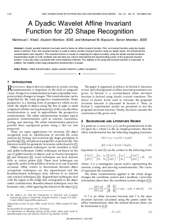 Pdf A Dyadic Wavelet Affine Invariant Function For 2d Shape Recognition