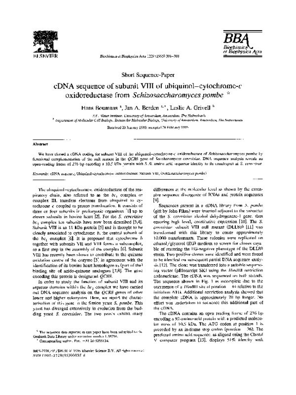 (PDF) cDNA sequence of subunit VIII of ubiquinol-cytochrome-c ...