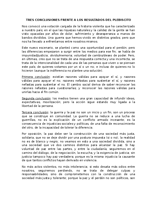 (DOC) TRES CONCLUSIONES FRENTE A LOS RESULTADOS DEL PLEBISCITO