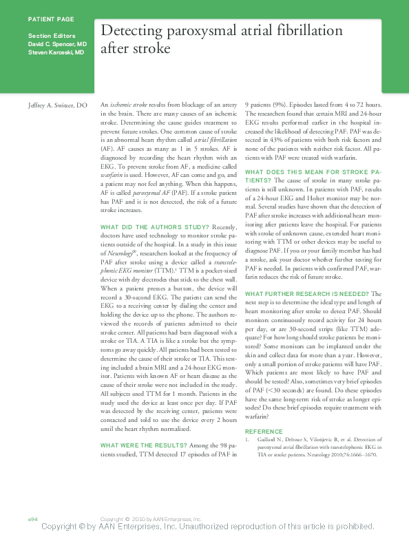 Pdf Detecting Atrial Fibrillation Post Stroke