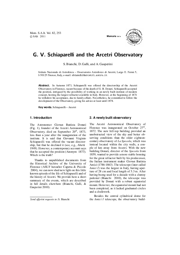 (PDF) G. V. Schiaparelli and the Arcetri Observatory
