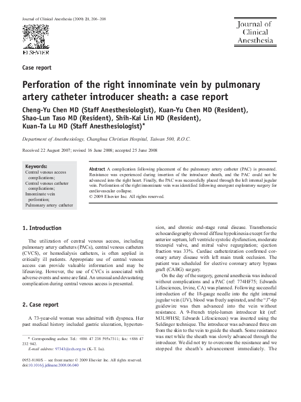 (PDF) Perforation of the right innominate vein by pulmonary artery ...