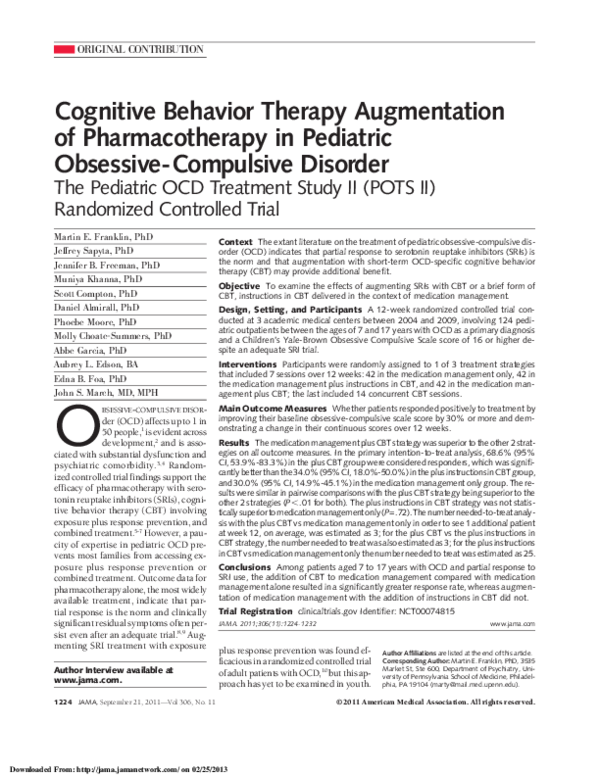 (PDF) Cognitive Behavior Therapy Augmentation of Pharmacotherapy in Pediatric Obsessive ...