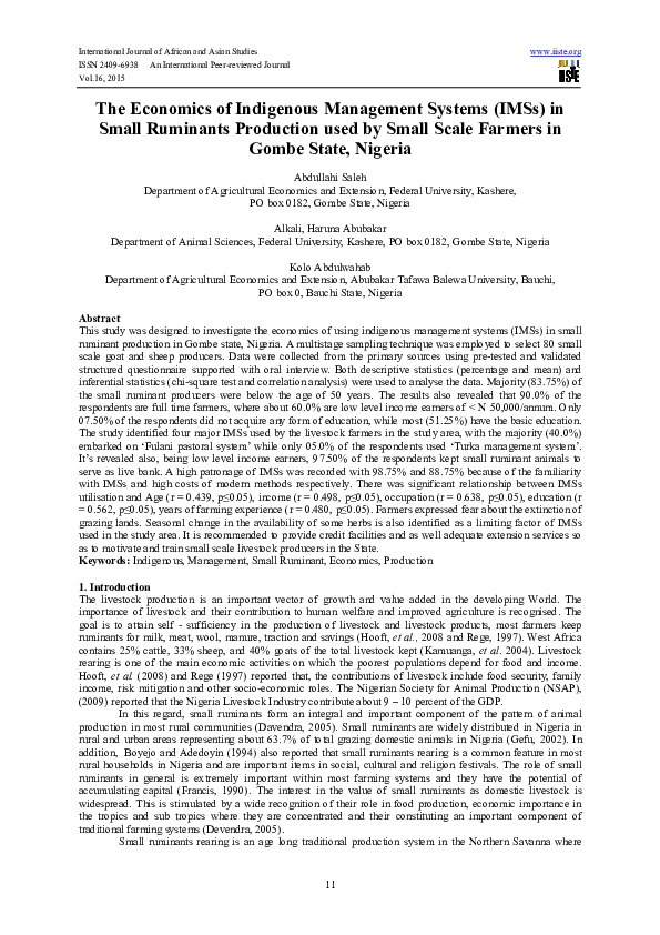 (PDF) The Economics of Indigenous Management Systems (IMSs) in Small ...