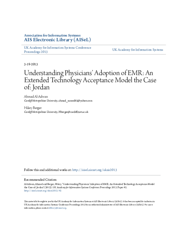 (PDF) Understanding Physicians' Adoption of EMR: An Extended Technology Acceptance Model the ...