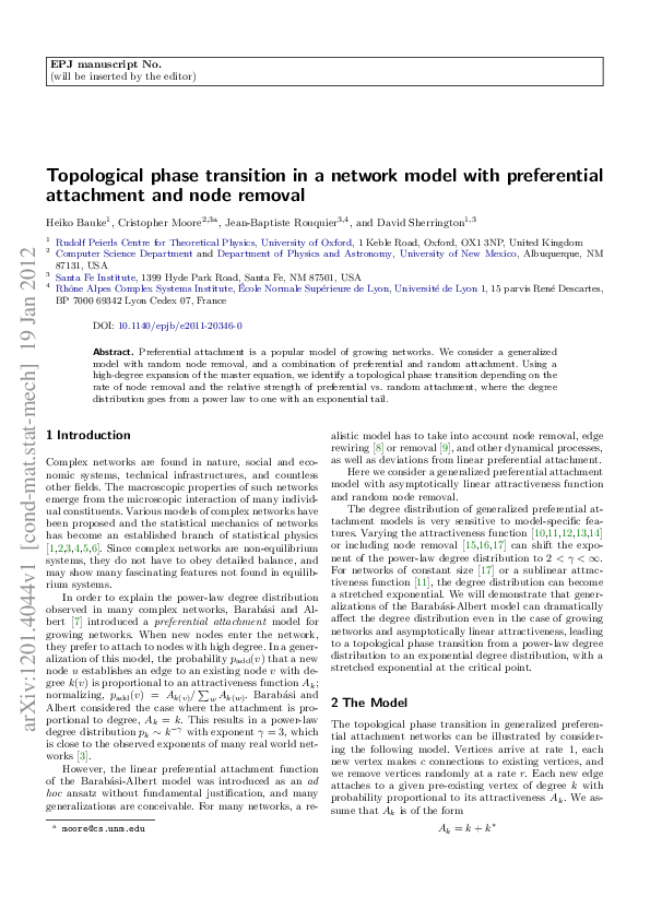 (PDF) Topological phase transition in a network model with preferential attachment and node removal