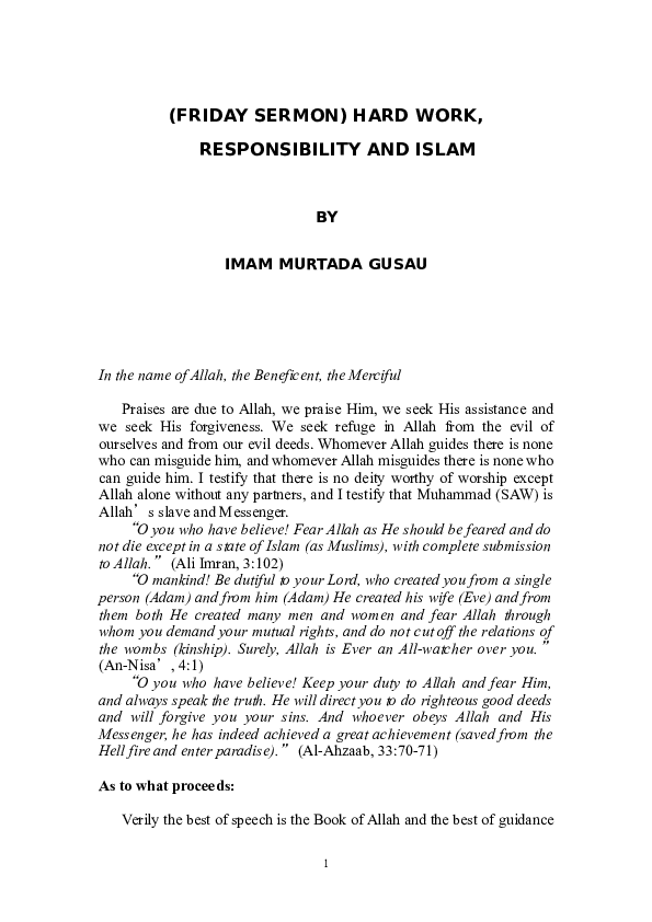 (DOC) (FRIDAY SERMON) HARD WORK, RESPONSIBILITY AND ISLAM.doc