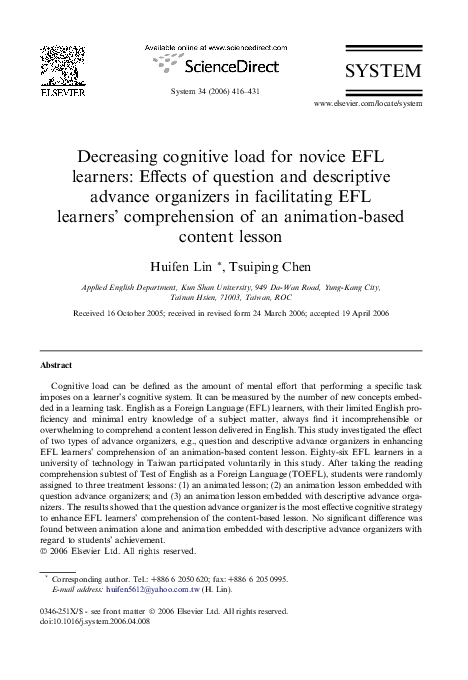 (PDF) Decreasing cognitive load for novice EFL learners: Effects of question and descriptive ...