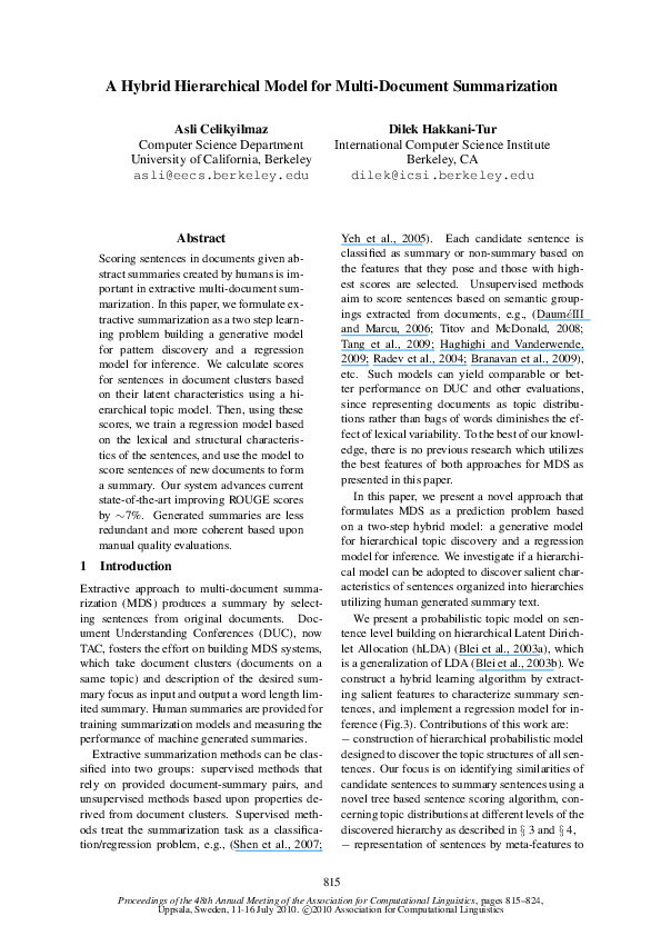 Pdf A Hybrid Hierarchical Model For Multi Document Summarization