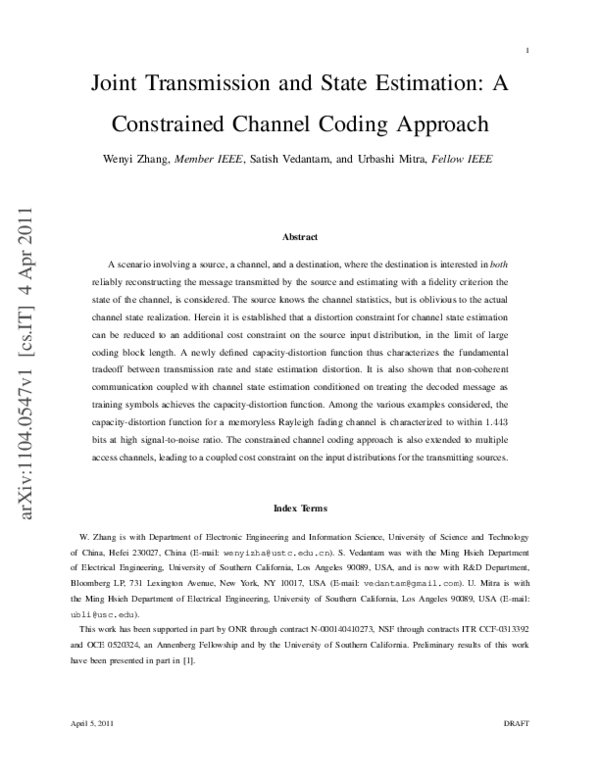 (PDF) Joint Transmission and State Estimation: A Constrained Channel Coding Approach