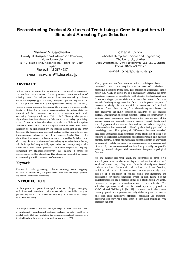 (PDF) Genetic Algorithm for Occlusal Surface Reconstruction in Dentistry
