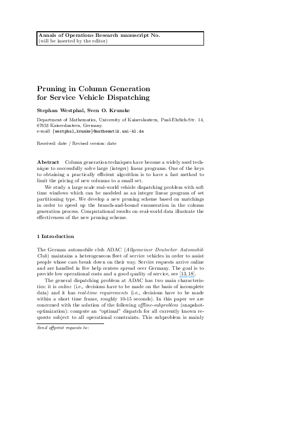 (PDF) Pruning in column generation for service vehicle dispatching