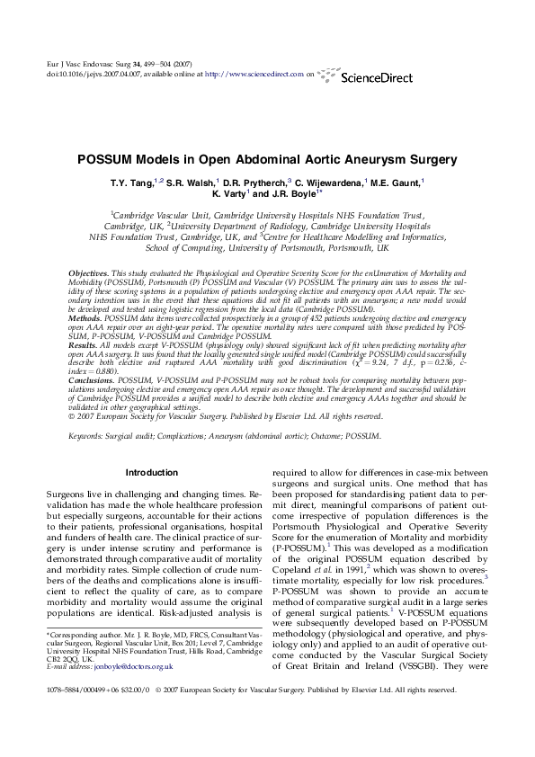 (PDF) POSSUM Models in Open Abdominal Aortic Aneurysm Surgery | Michael ...