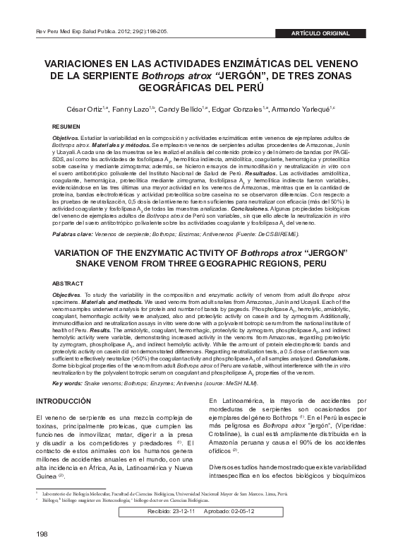 (PDF) [Variation of the enzymatic activity of Bothrops atrox "jergon ...