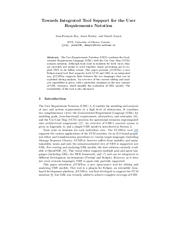 (PDF) Towards Integrated Tool Support for the User Requirements Notation