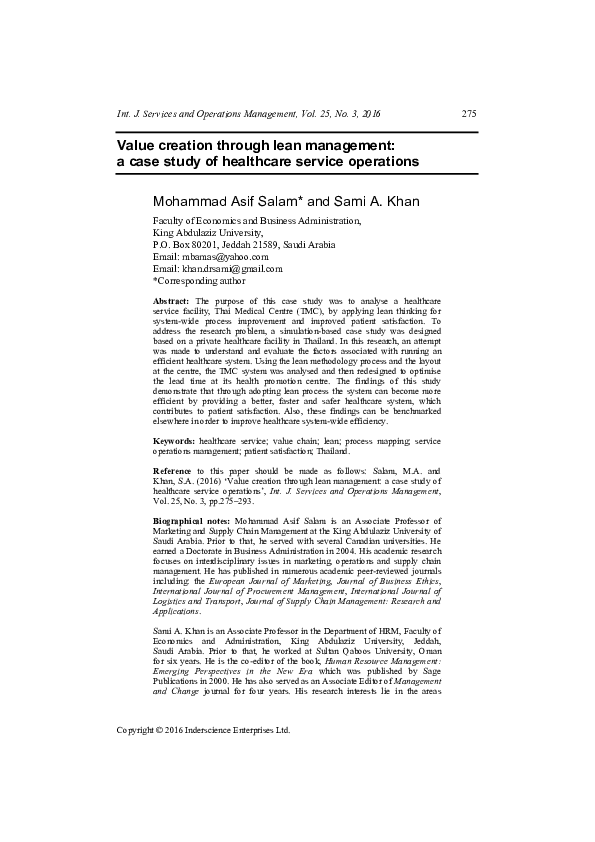 (PDF) Value creation through lean management: a case study of healthcare service operations