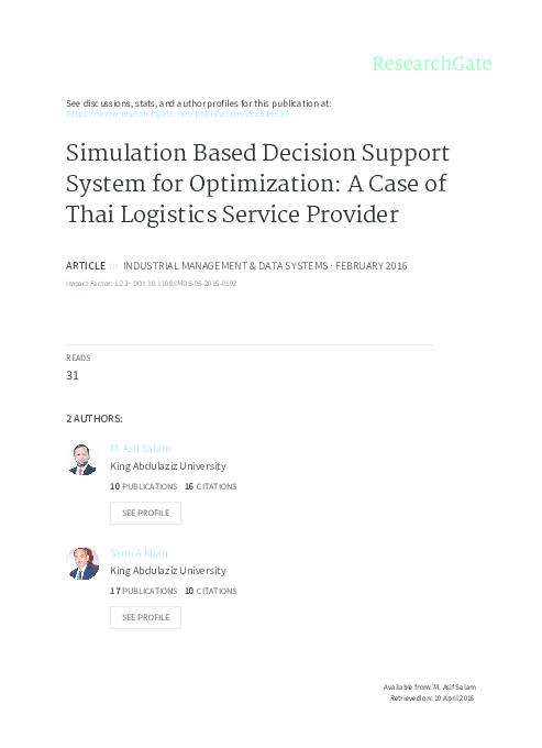 Pdf Simulation Based Decision Support System For Optimization A Case
