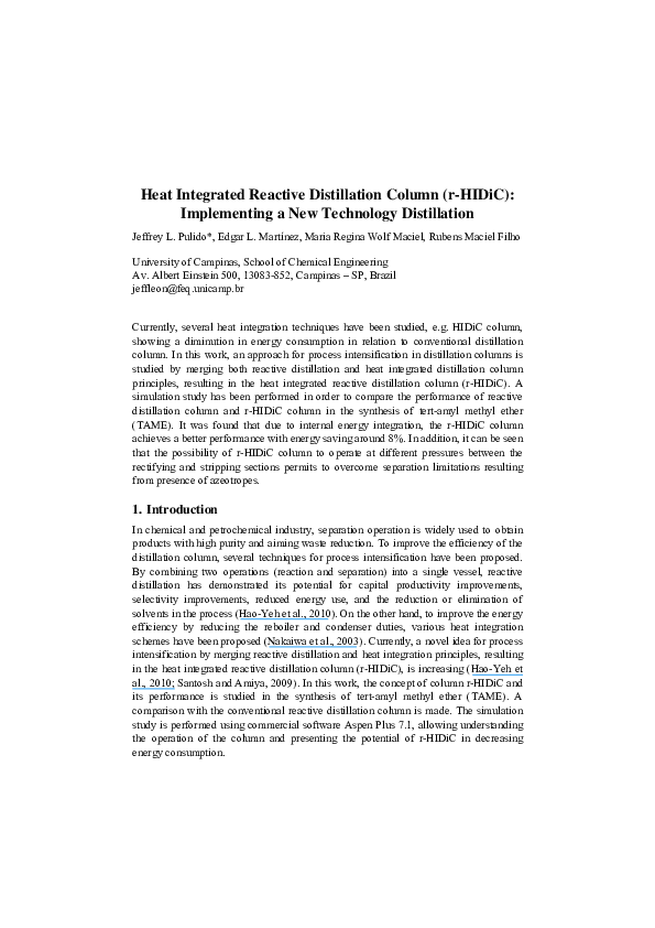Pdf Heat Integrated Reactive Distillation Column R Hidic