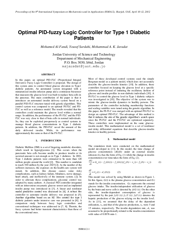 Pdf Optimal Pid Fuzzy Logic Controller For Type 1 Diabetic Patients