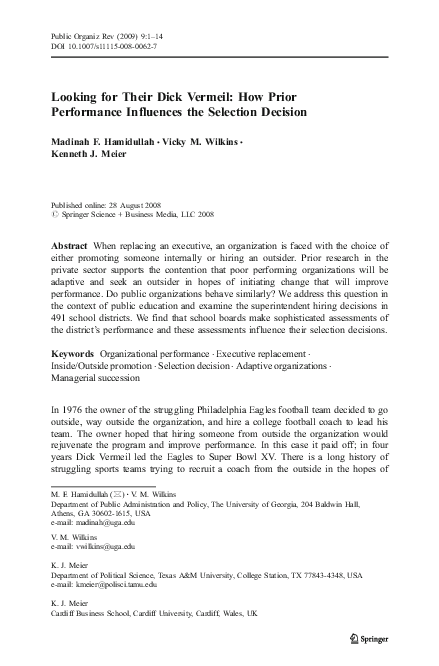 (PDF) Looking for Their Dick Vermeil: How Prior Performance Influences ...