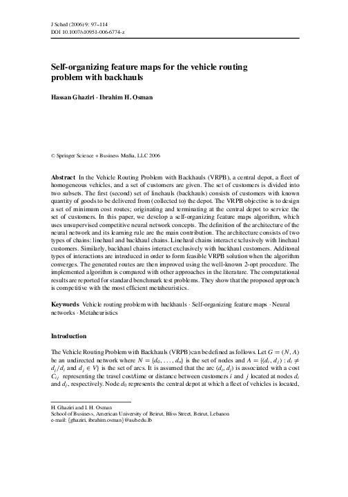 Pdf Self Organizing Feature Maps For The Vehicle Routing Problem With Backhauls