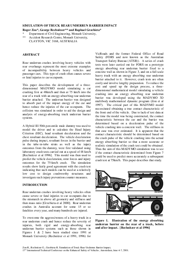 (PDF) Simulation of Truck Rear Underrun Barrier Impact