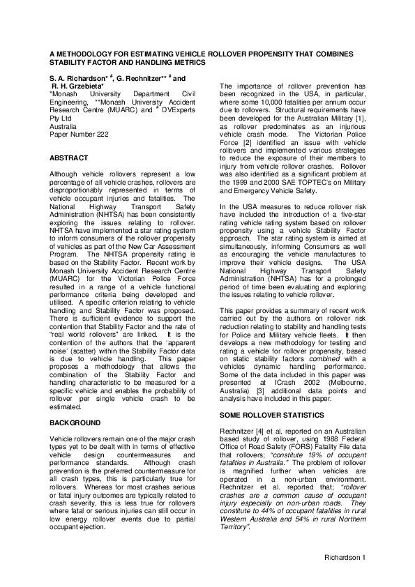 (PDF) A Methodology for Estimating Vehicle Rollover Propensity That ...