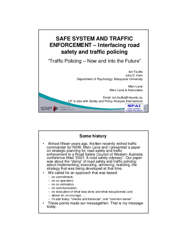 (PDF) The Safe System and traffic enforcement – Interfacing road safety ...