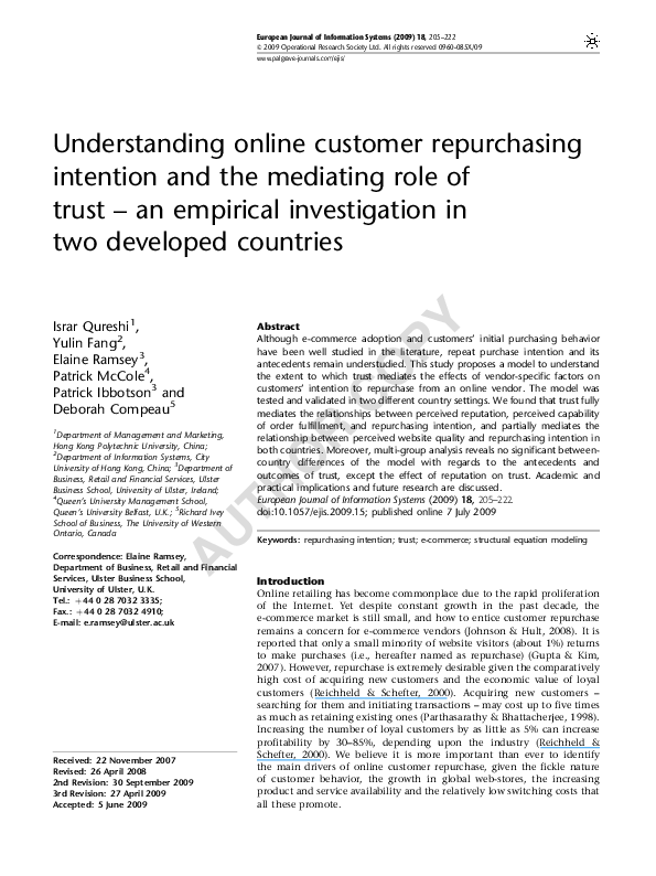 (PDF) Understanding online customer repurchasing intention and the mediating role of trust - an ...