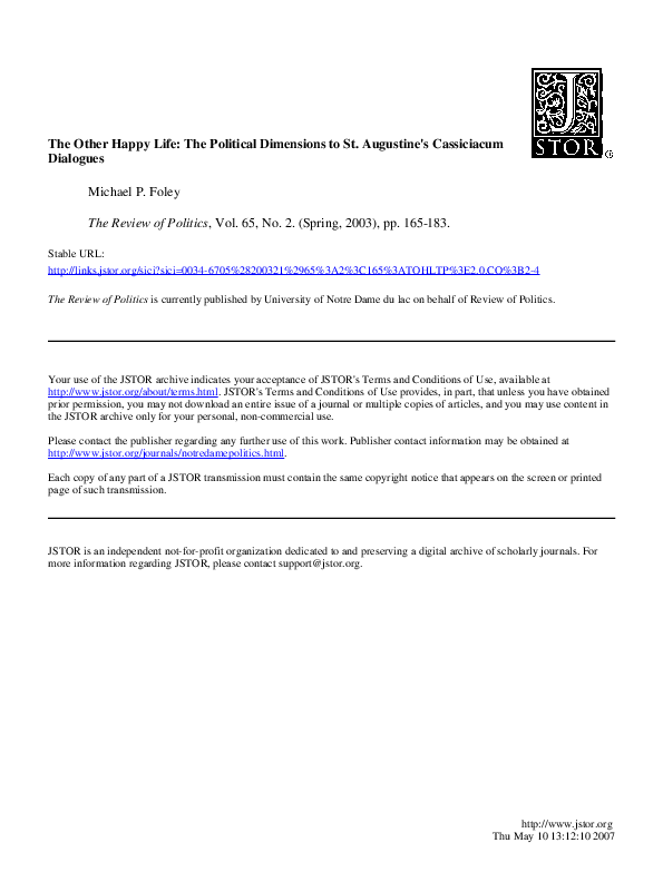 (PDF) The Other Happy Life: The Political Dimensions to St. Augustine's ...