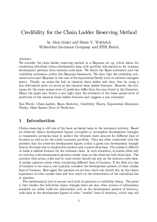 (PDF) Credibility for the Chain Ladder Reserving Method