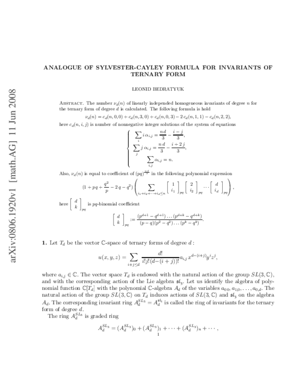Pdf Analogue Of Sylvester Cayley Formula For Invariants Of Ternary Form