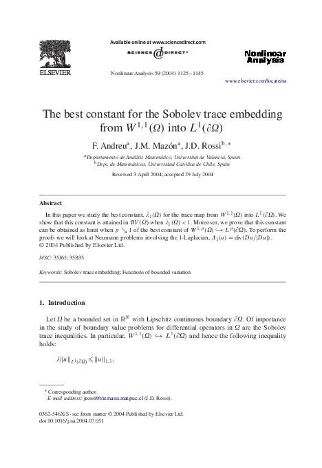 Pdf The Best Constant For The Sobolev Trace Embedding From W1 1 Ω W1 1 Ω Into L1 ∂Ω L1