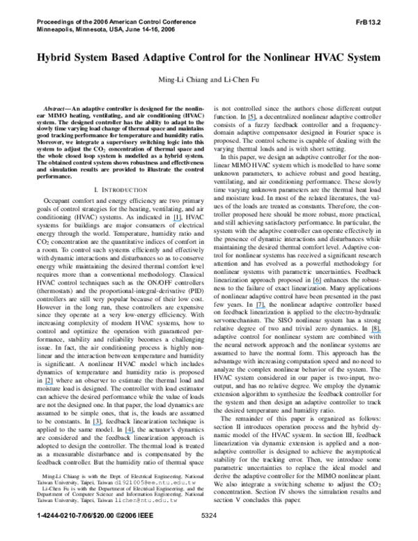 Pdf Hybrid System Based Adaptive Control For The Nonlinear Hvac System