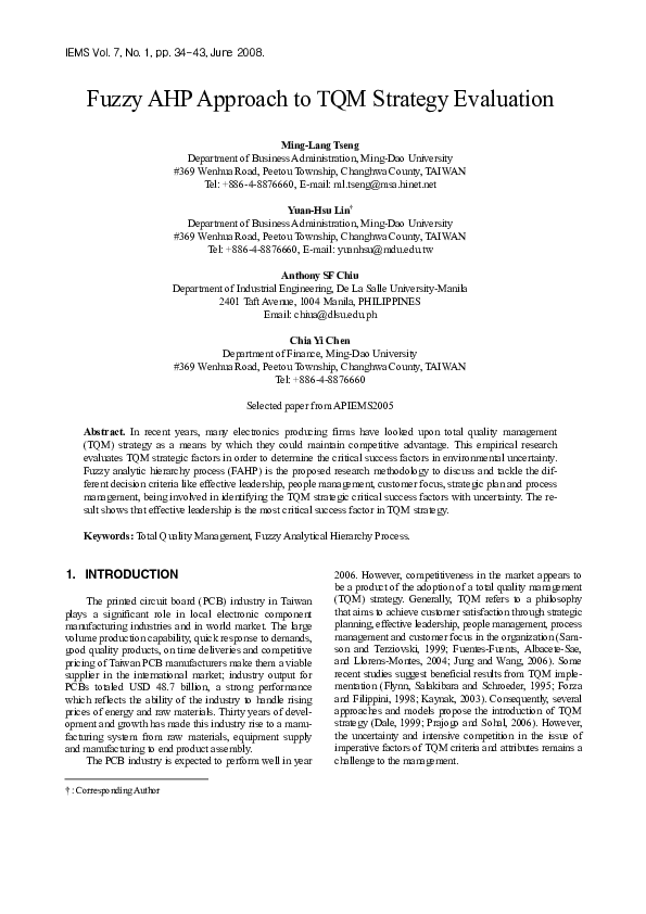 (PDF) Fuzzy AHP Approach to TQM Strategy Evaluation