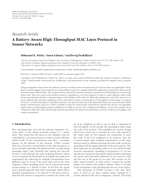 Pdf A Battery Aware High Throughput Mac Layer Protocol In Sensor Networks