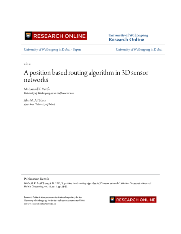 Pdf A Position Based Routing Algorithm In 3d Sensor Networks