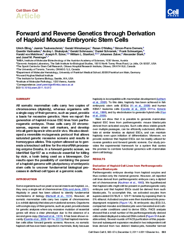 (PDF) Forward and reverse mouse genetics through derivation of haploid ...