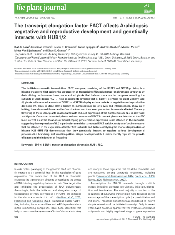 (PDF) The transcript elongation factor FACT affects Arabidopsis ...
