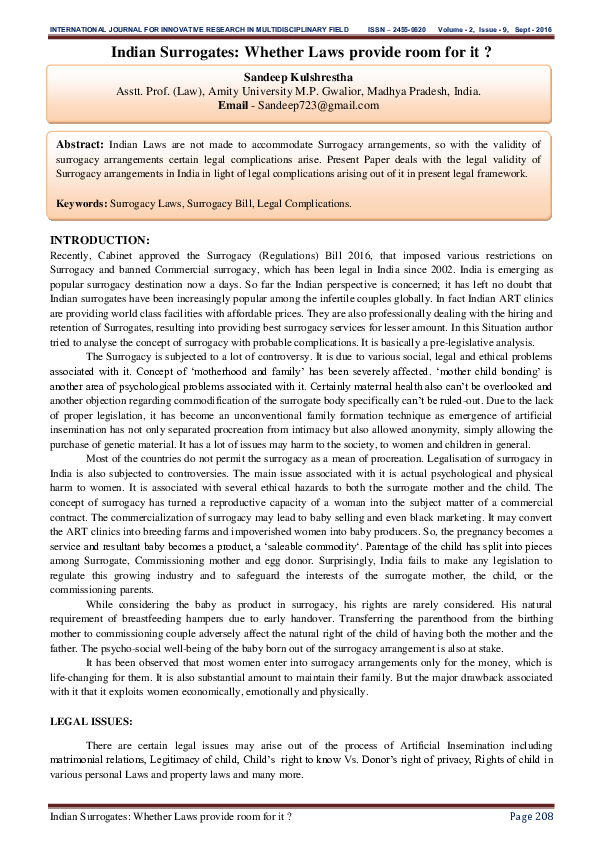 (PDF) Indian Surrogates: Whether Laws provide room for it....?