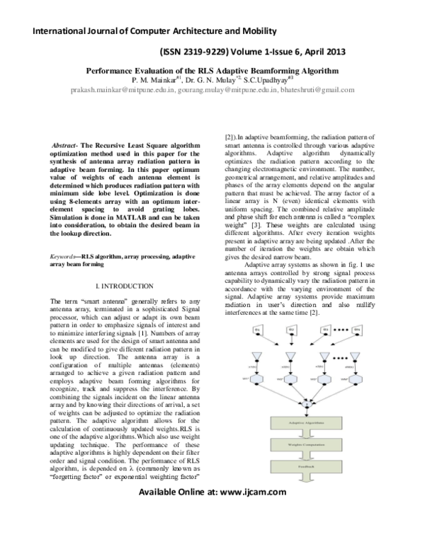 Pdf Performance Evaluation Of The Rls Adaptive Beamforming Algorithm