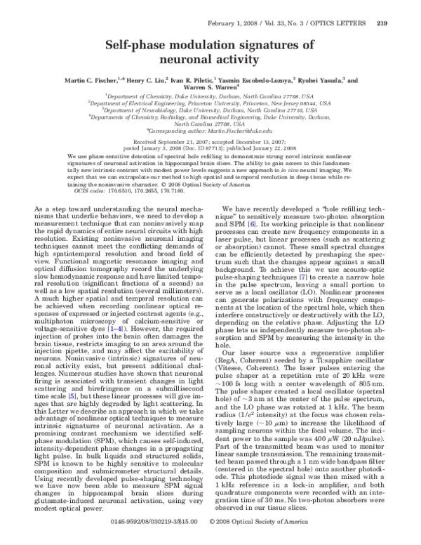 Pdf Self Phase Modulation Signatures Of Neuronal Activity