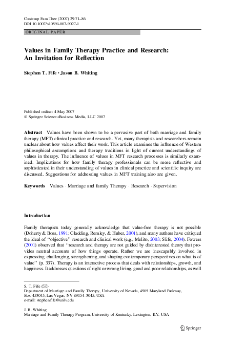 (PDF) Values in Family Therapy Practice and Research: An Invitation for ...
