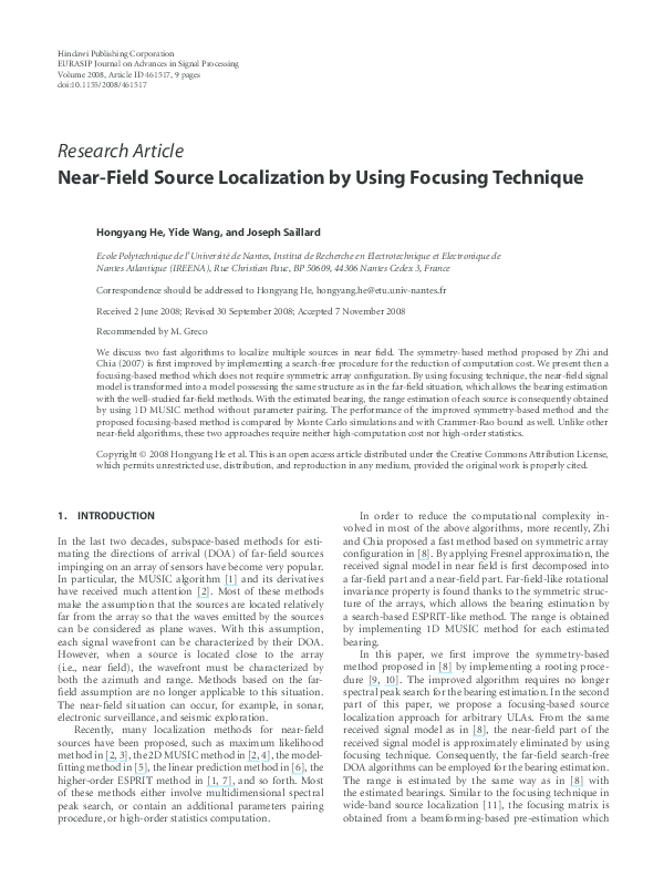 Pdf Near Field Source Localization By Using Focusing Technique
