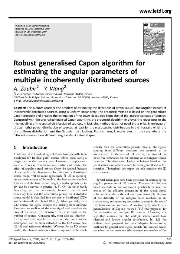 Pdf Robust Generalised Capon Algorithm For Estimating The Angular Parameters Of Multiple