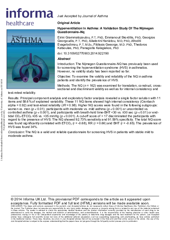 (PDF) Hyperventilation in asthma: A validation study of the Nijmegen ...
