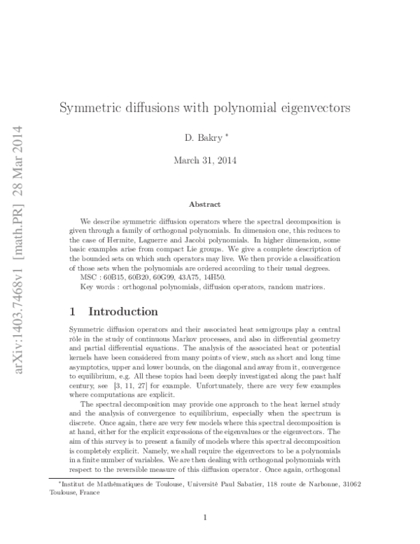 (PDF) Symmetric Diffusions with Polynomial Eigenvectors