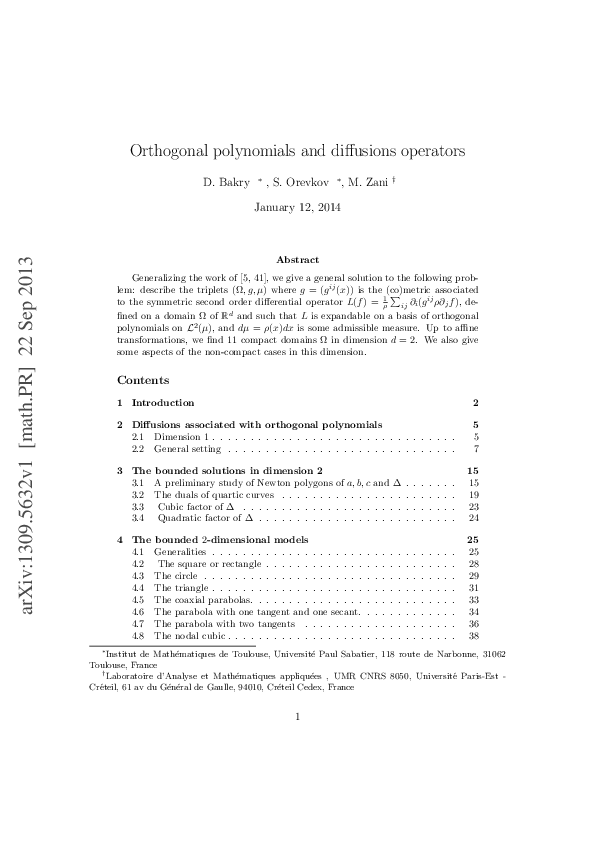 (PDF) Orthogonal polynomials and diffusions operators